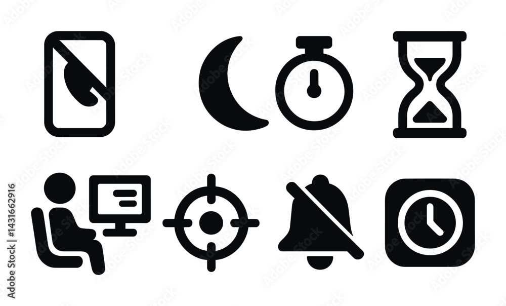 Notification and time management solid icons set – silhouette style ...