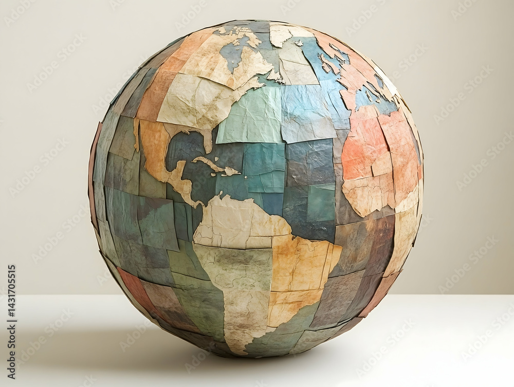 Spherical artwork resembling a world map crafted from textured ...