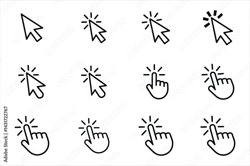 Click Cursor Icon Set – Hand and Arrow Pointer Line Icons for UI/UX ...