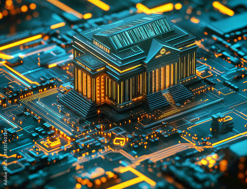 3D rendering of an artificial intelligence computer chip with glowing ...