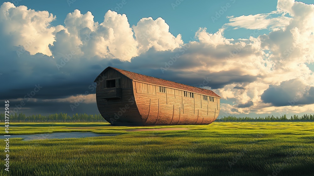 Noah's Ark in a green field. The Ark is huge. The Ark has 3 floors ...