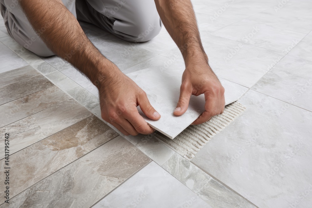 Tile installer placing a ceramic tile into the corner of a floor with ...