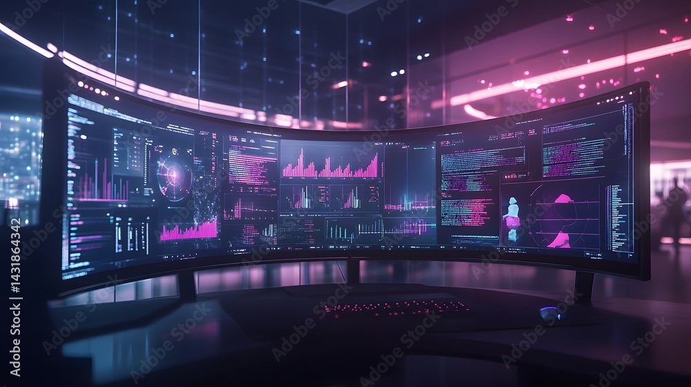 A futuristic curved monitor displays complex data visualizations and ...