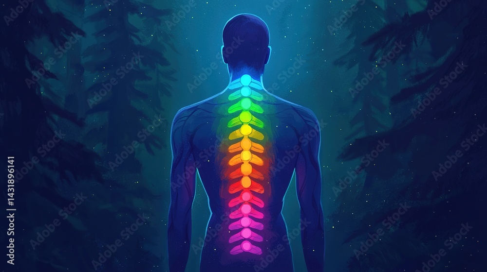 Chakra symbol illuminating the spine in a mystical forest digital ...