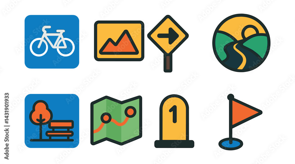 Flat vector icons of cycling routes: bike lane sign, elevation profile ...