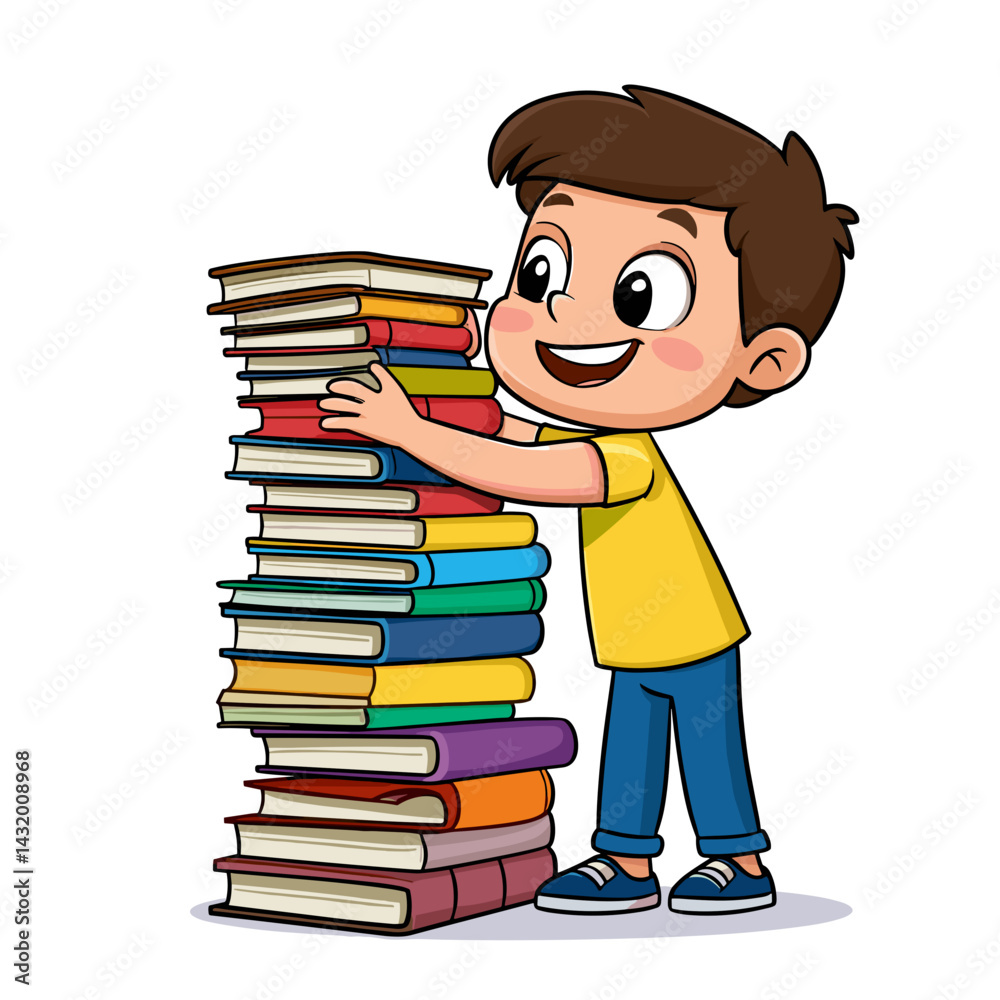 Cartoon vector illustration of a child building a tower of books with a ...