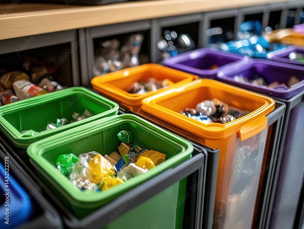 A photograph of recycling bins with labeled sections for sorting waste ...