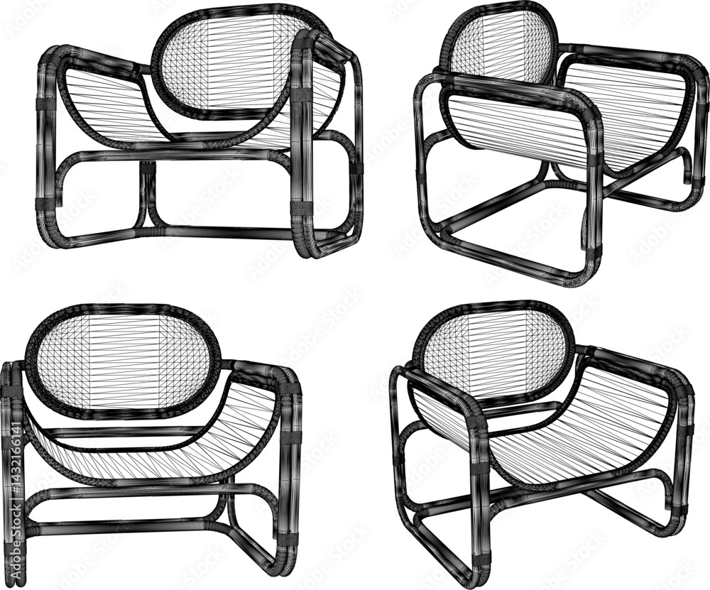 vector sketch illustration of rattan wood lounge chair design with ...