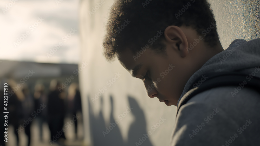 Distressed Young Boy Holding Backpack in School Playground Representing ...