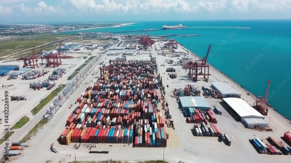 Port terminal with long rows of containers lined for export and import ...