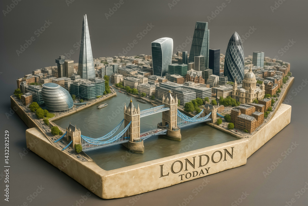 Detailed model of modern London with iconic landmarks and river Thames ...