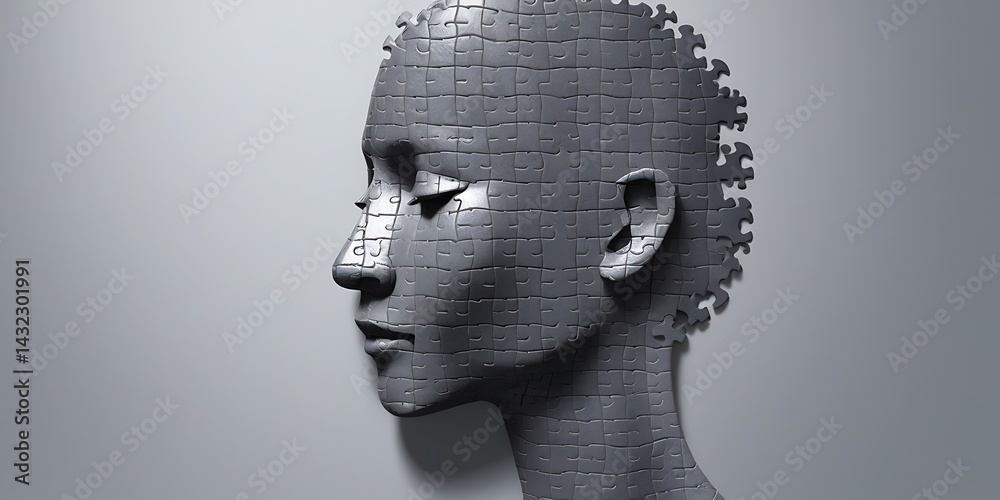 Futuristic digital sculpture of a human face in profile with binary code overlay, symbolizing ...