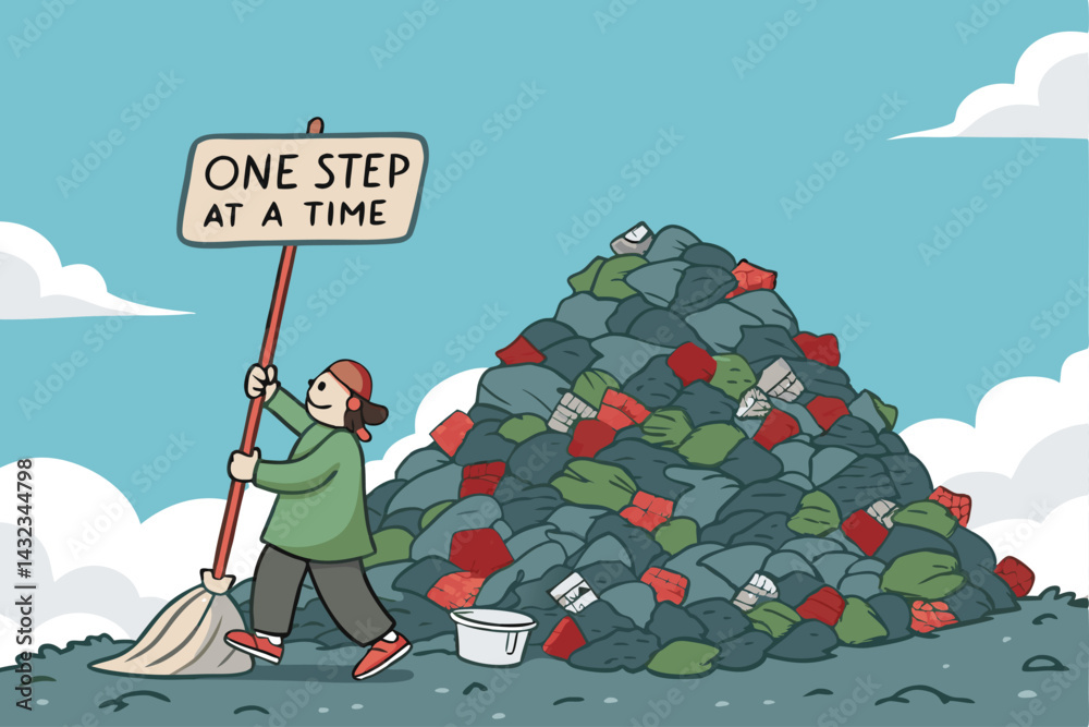 A whimsical cartoon illustration depicting a towering mountain of trash ...
