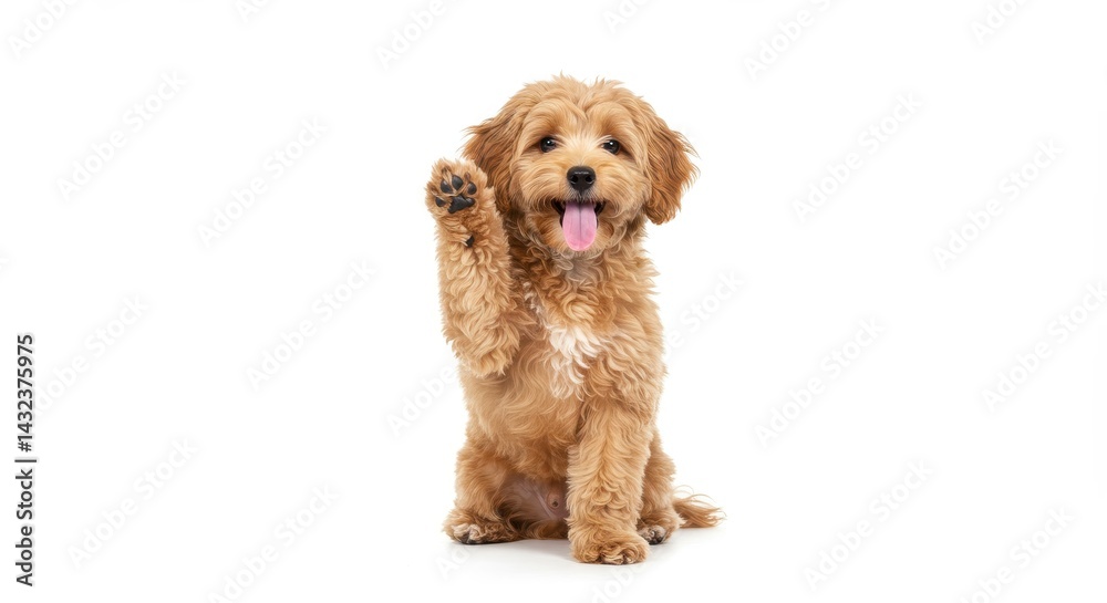 A light brown labradoodle sitting on a white background raising its paw ...