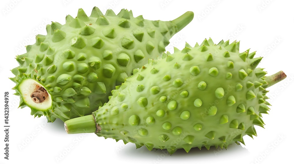 Two spiky green fruits isolated showing their unique texture and ...