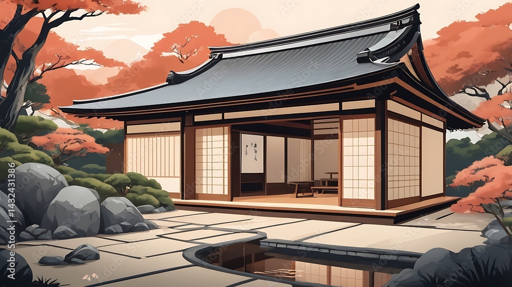 Traditional Japanese house sketch with sliding doors, curved roof, and ...