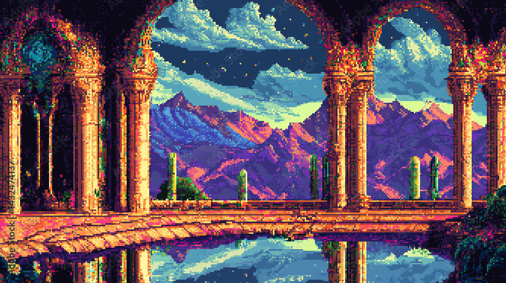 Pixel Art Landscape with Ancient Columns Reflecting in Water under ...