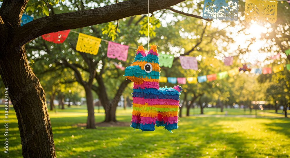 Cute red and yellow donkey piñata swinging under trees with papel ...