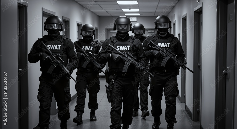 actical SWAT team in full gear advancing through corridor with weapons ...
