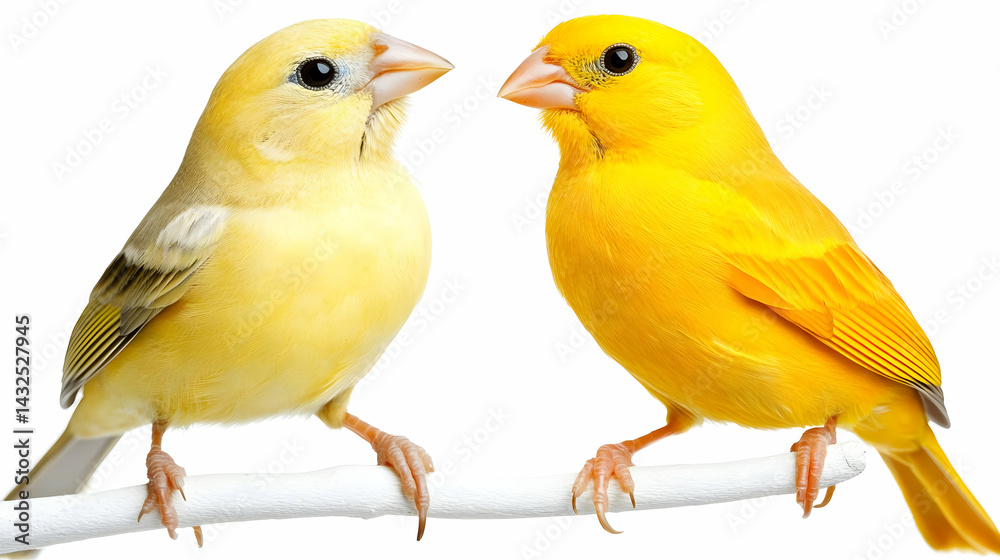 On a bright white background, two canaries—one yellow and one slightly ...