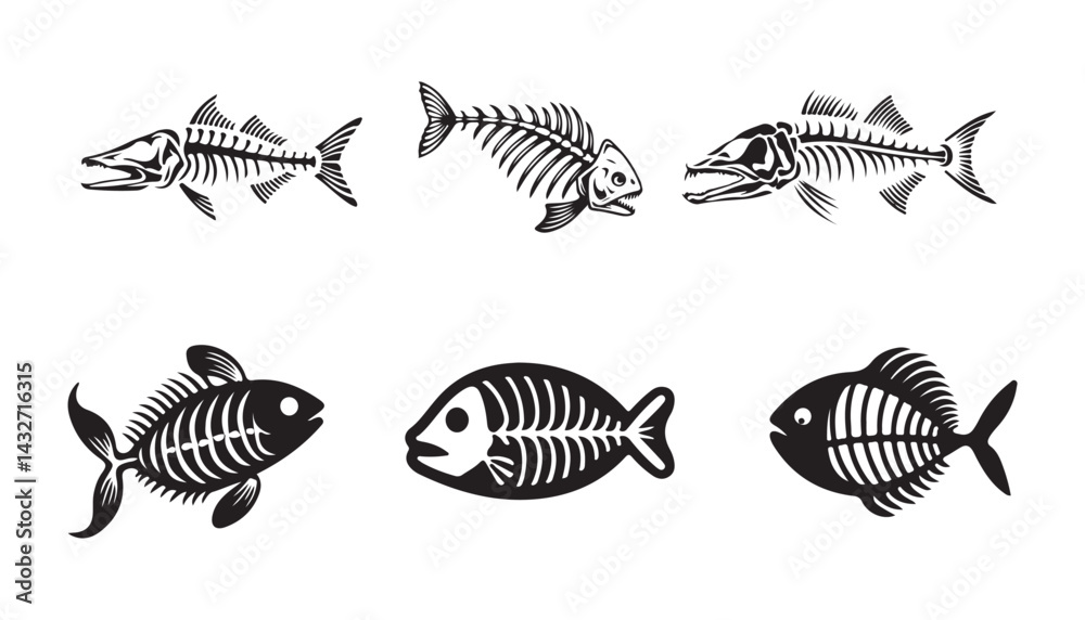 Fish bone silhouette set vector art. Cartoon dead fish bones of spine ...