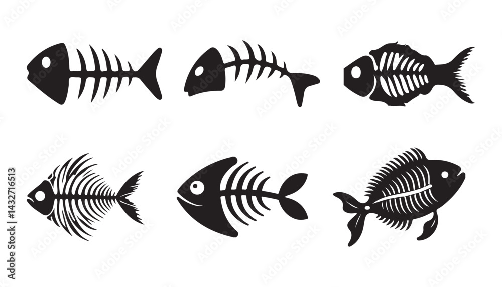Fish bone silhouette set vector art. Cartoon dead fish bones of spine ...