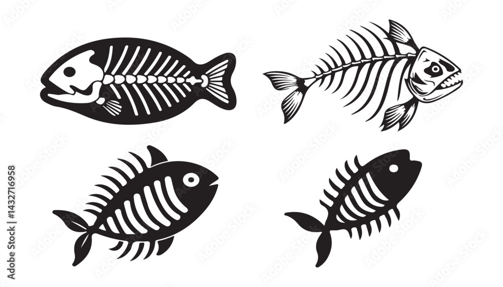 Vector de Stock Fish bone silhouette set vector art. Cartoon dead fish ...
