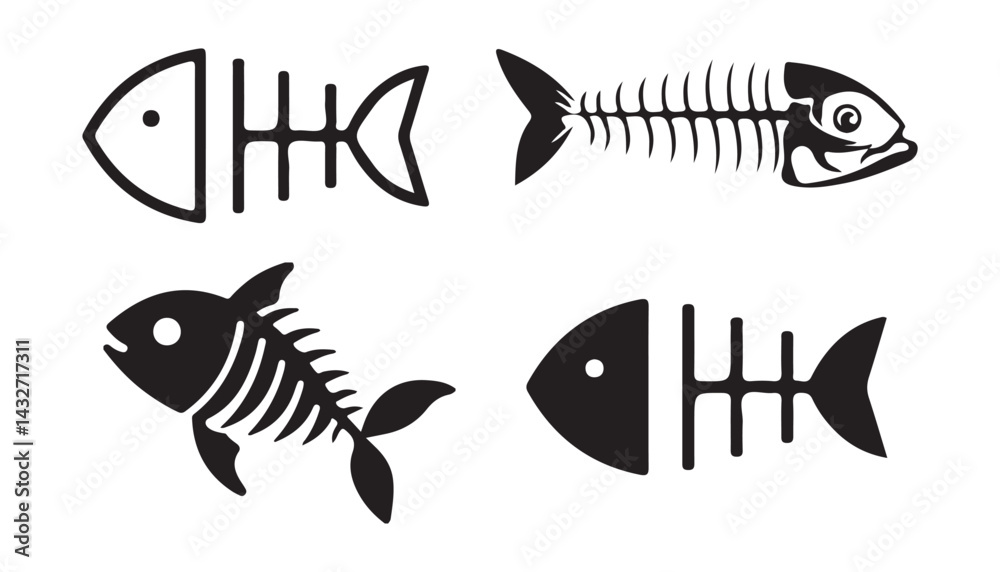 Vector de Stock Fish bone silhouette set vector art. Cartoon dead fish ...