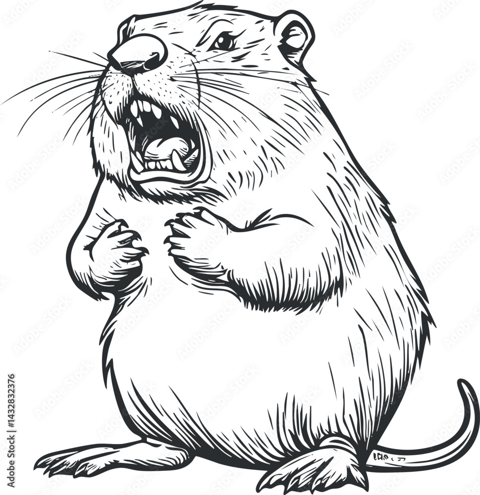 Black and white line drawing of an angry rodent showing teeth and claws ...