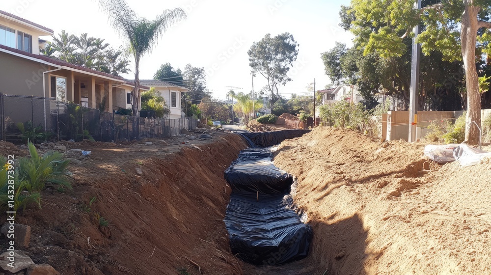 Silt fence and temporary swale on sloped site to control sediment and ...