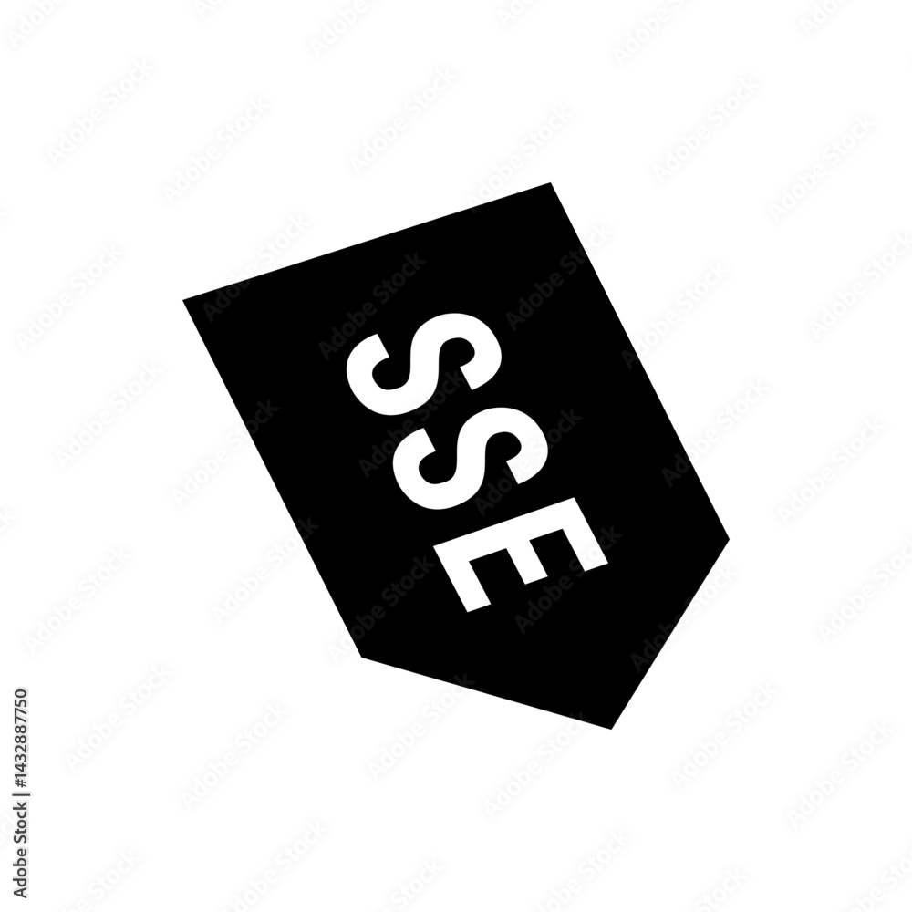 Black tag with white sse letters diagonally displayed on a white ...
