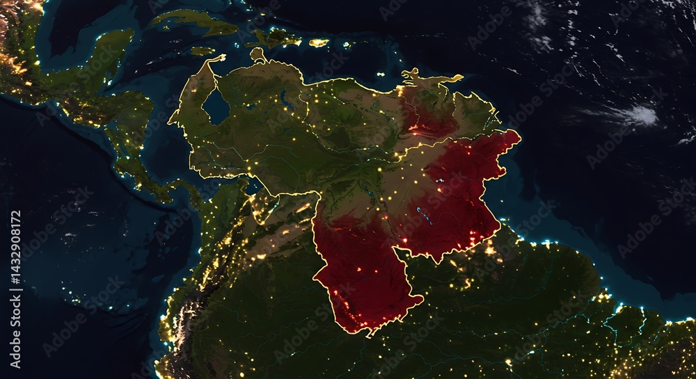 Night View of Venezuela Highlighted: A Satellite Image of South America ...