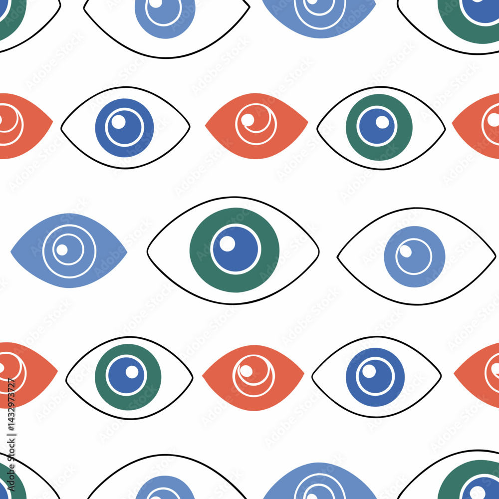 Hand Drawn Seamless Vector Swirly eyes pattern featuring various colors ...