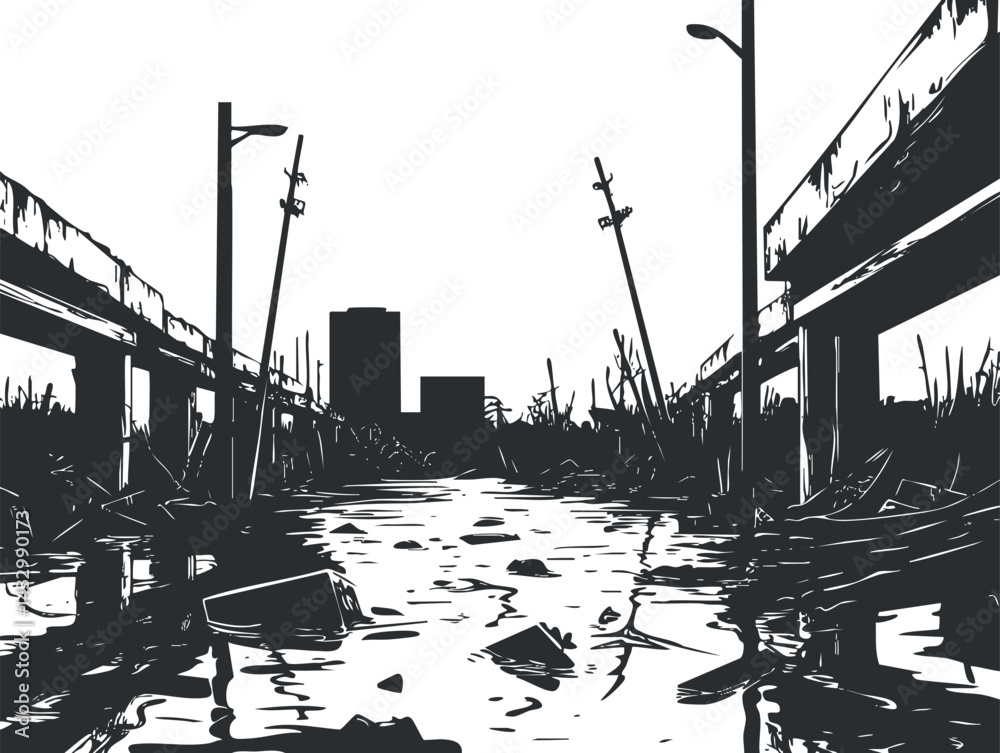 Black and white illustration of a flooded urban street with damaged infrastructure and submerged ...