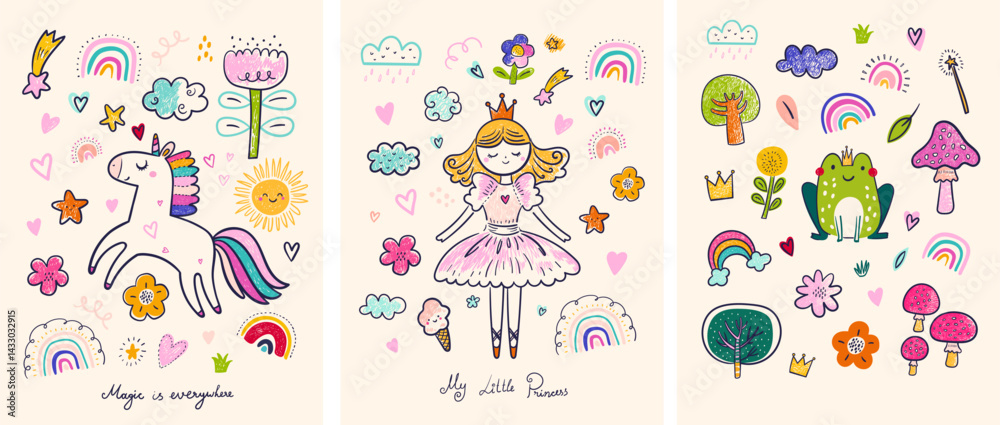 Cartoon baby cards. Baby fairy tales hand drawn design for textile ...