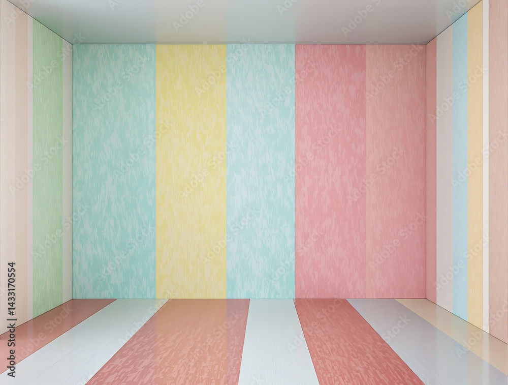 pastel-colored room interior with vertically striped walls and matching ...
