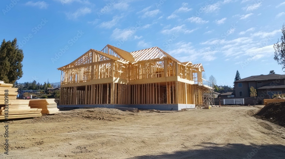 Construction framework rises, showing progress on new home with wood ...