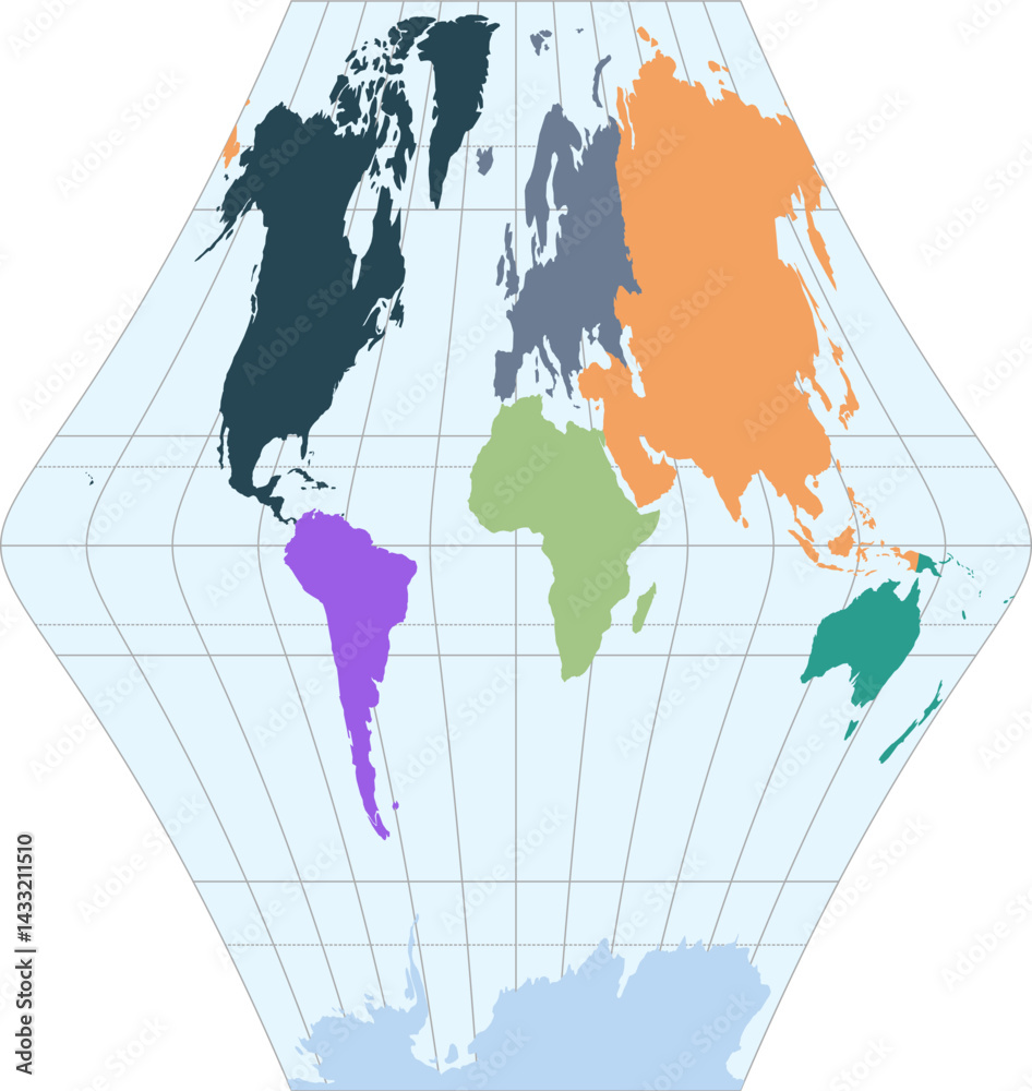 World vector map with continent boundaries and graticules (Urmaev V ...