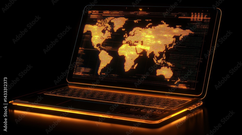 Laptop displays digital world map, glowing with data, connecting global ...