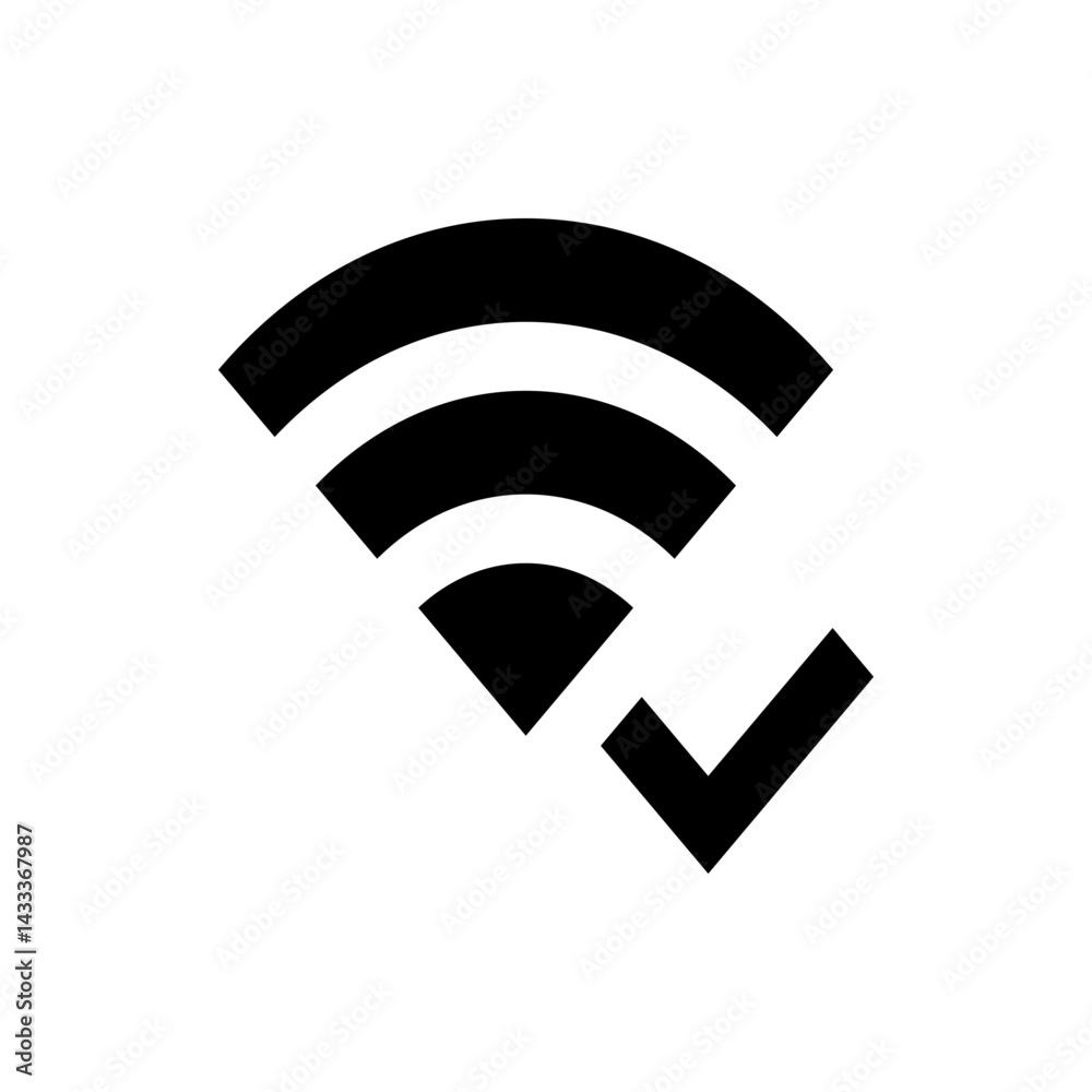 Wifi symbol with three curved lines and a check mark in the lower right ...