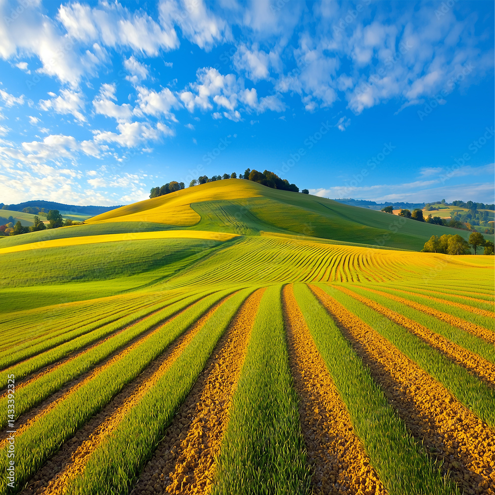 Beautiful rolling farmland with green fields under blue sky and clouds ...