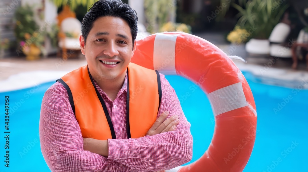 Smiling lifeguard in orange life vest stands protectively by a pool ...