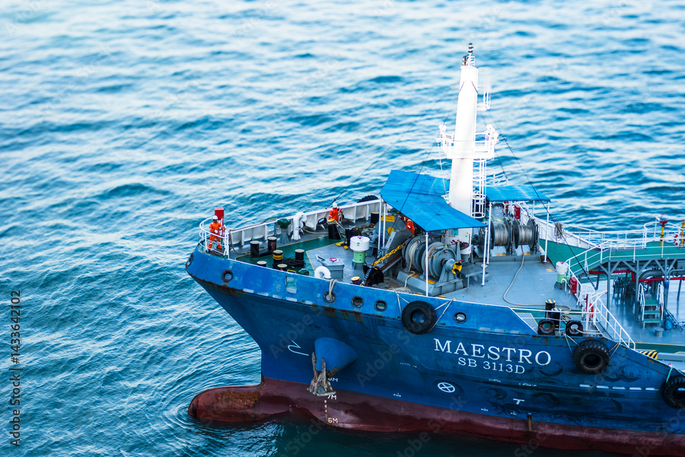 Singapore - aerial view on the bow of cargo tanker ship "MAESTRO ...