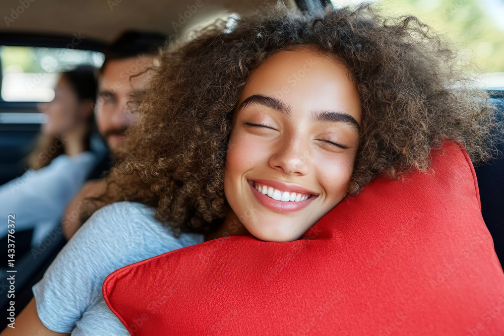 Happy teenage girl smiling with eyes closed while hugging red pillow ...