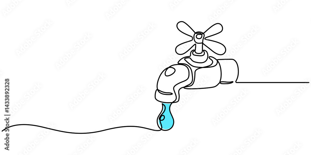 Vector de Stock Water tap with flowing water in one line art style ...