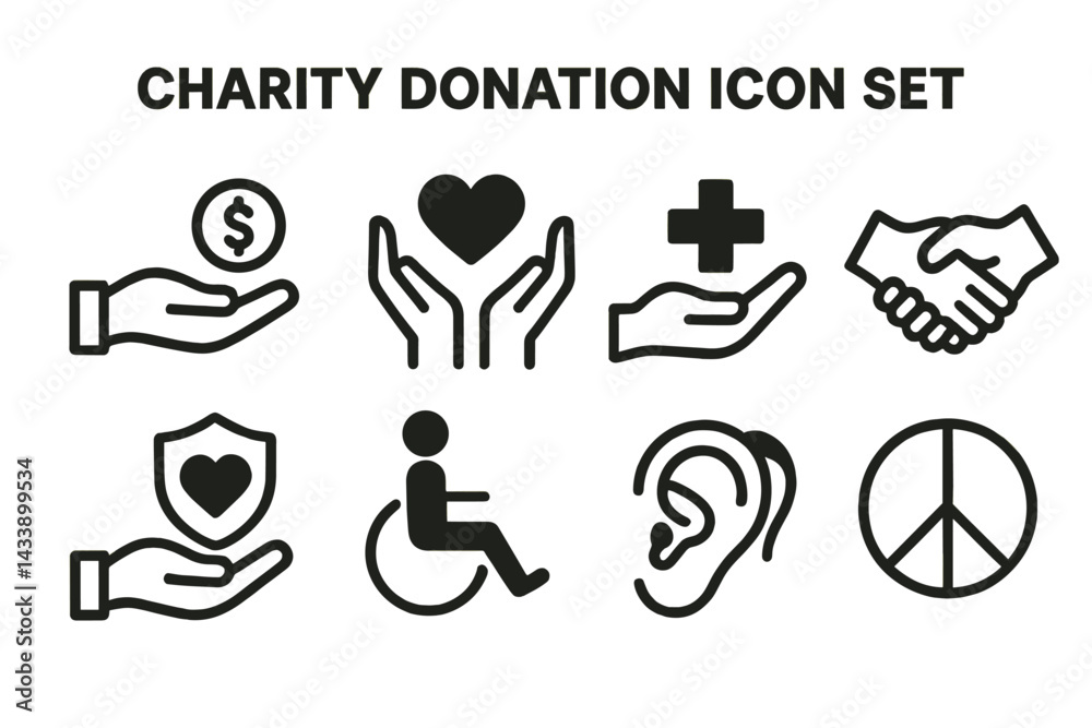 Charity donation icon set features nine symbols for humanitarian causes ...