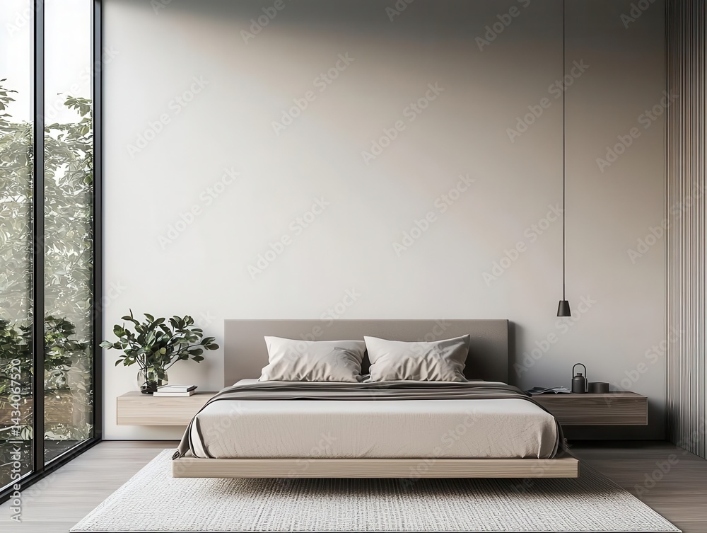 Luxury minimalist penthouse bedroom with a floating bed, neutral color ...
