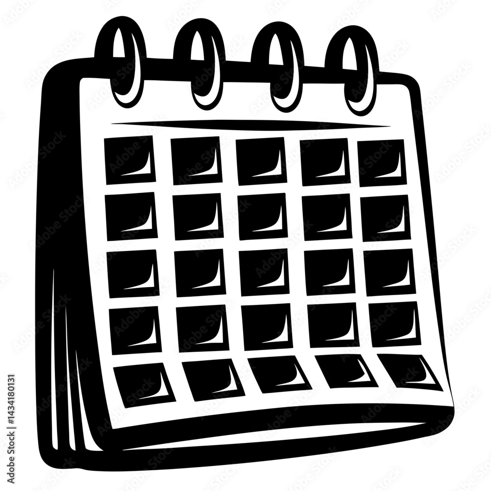 Stylized black and white calendar icon with flip pages for organization ...