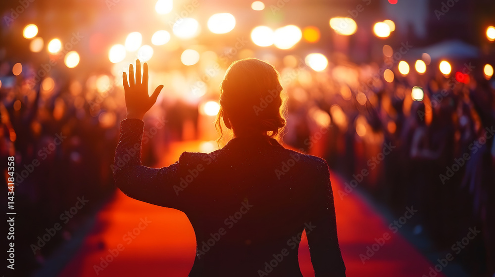 Celebrity A welldressed celebrity waving at fans on a red carpet close ...