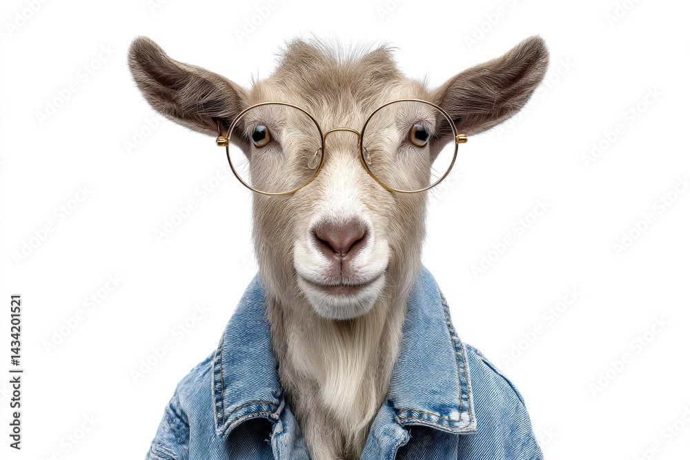 Goat wearing denim jacket and retro glasses showcasing boho style in a ...